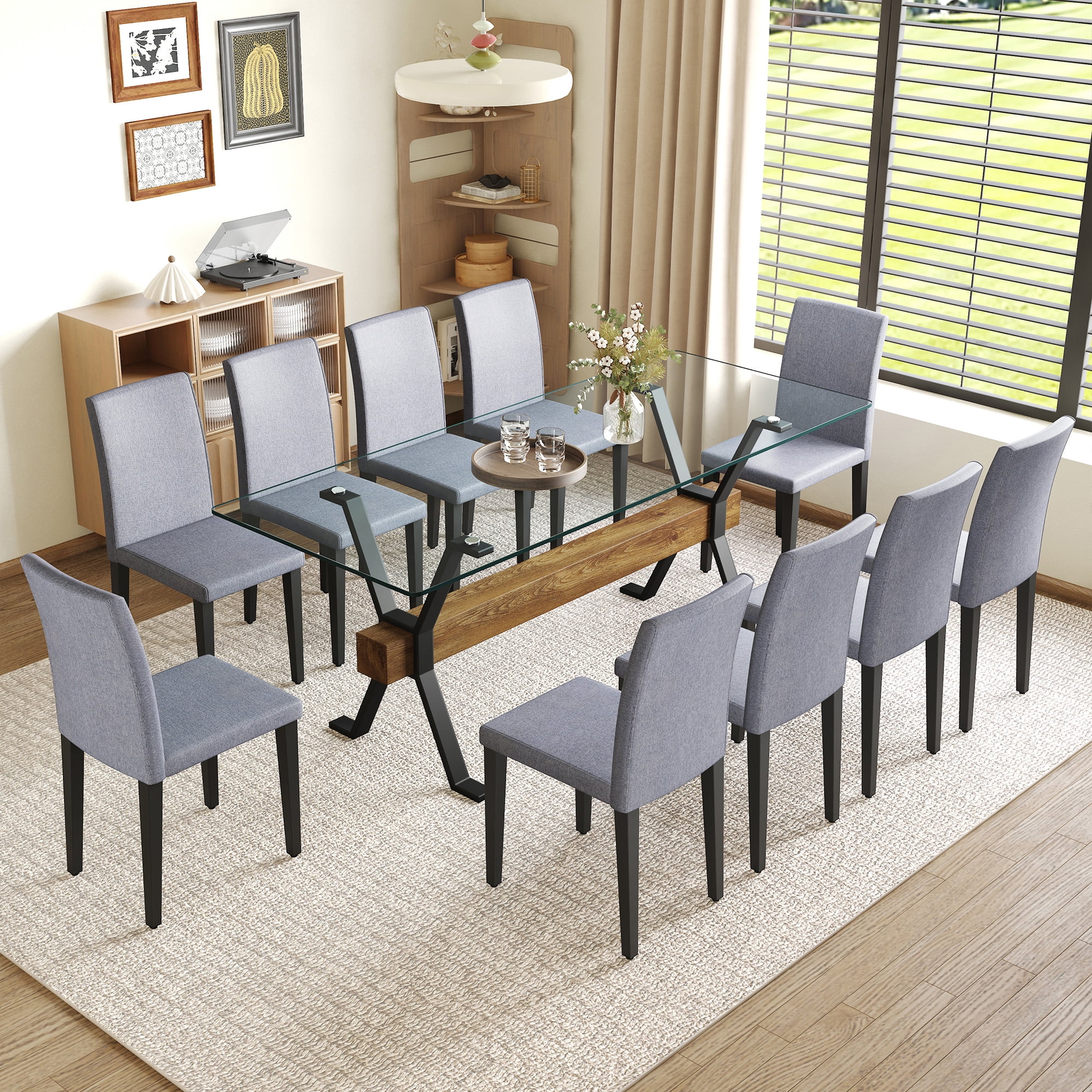 Table and Chair Set: 79"x31.5" Tempered Glass Tabletop (X-Shaped Black ...