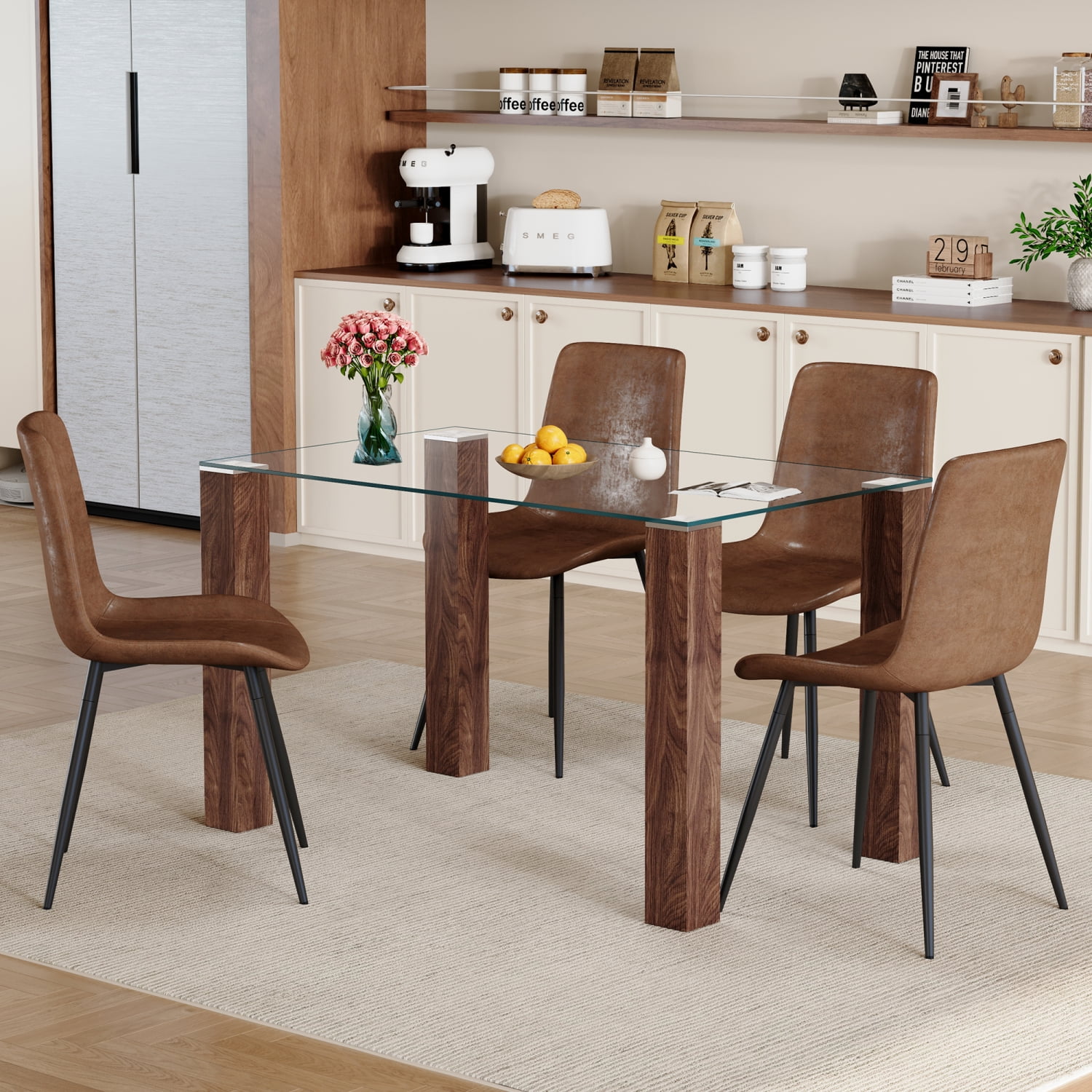 Table And Chair Set.A 49.6*30 Inch Transparent Tempered Glass Dining Table With Walnut Wood ...