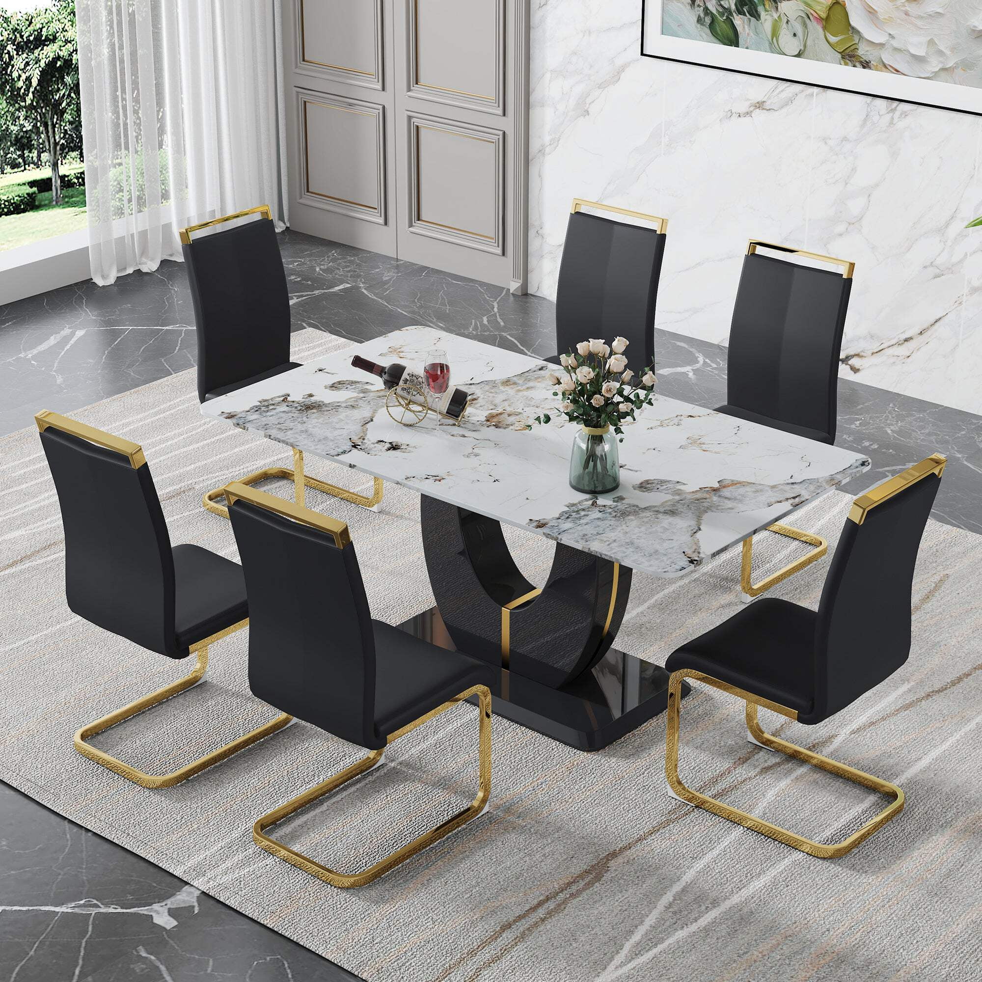 Table And Chair Set, Modern Dining Table, Patterned Table Top And Black ...