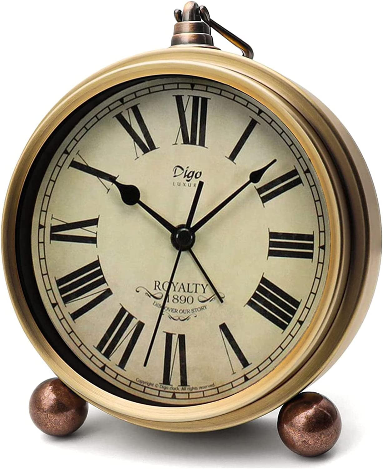 Table Clock, Golden Metal Retro Non-Ticking Alarm Clock for Bedroom ...