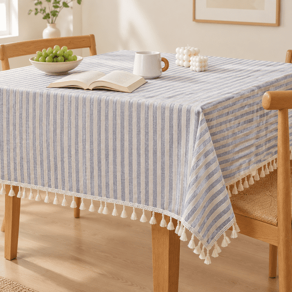 Table Cloth Blue White Striped Tablecloth Tasselston Blend Dust-proof ...