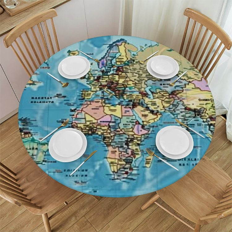 Table Cloth Political World Map Round Tablecloth Accurate Global Blue ...
