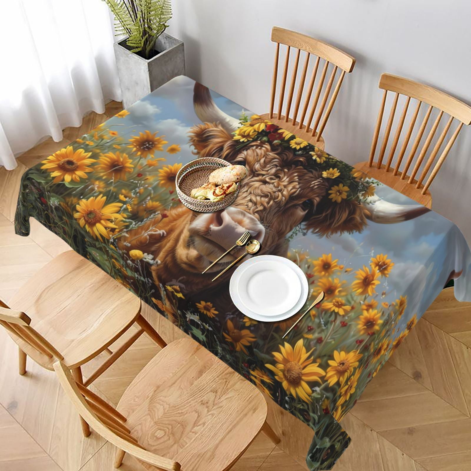 Table Cloth Rectangle Table, Cute Cow Sunflower Crown A Tablecloth 60 x ...