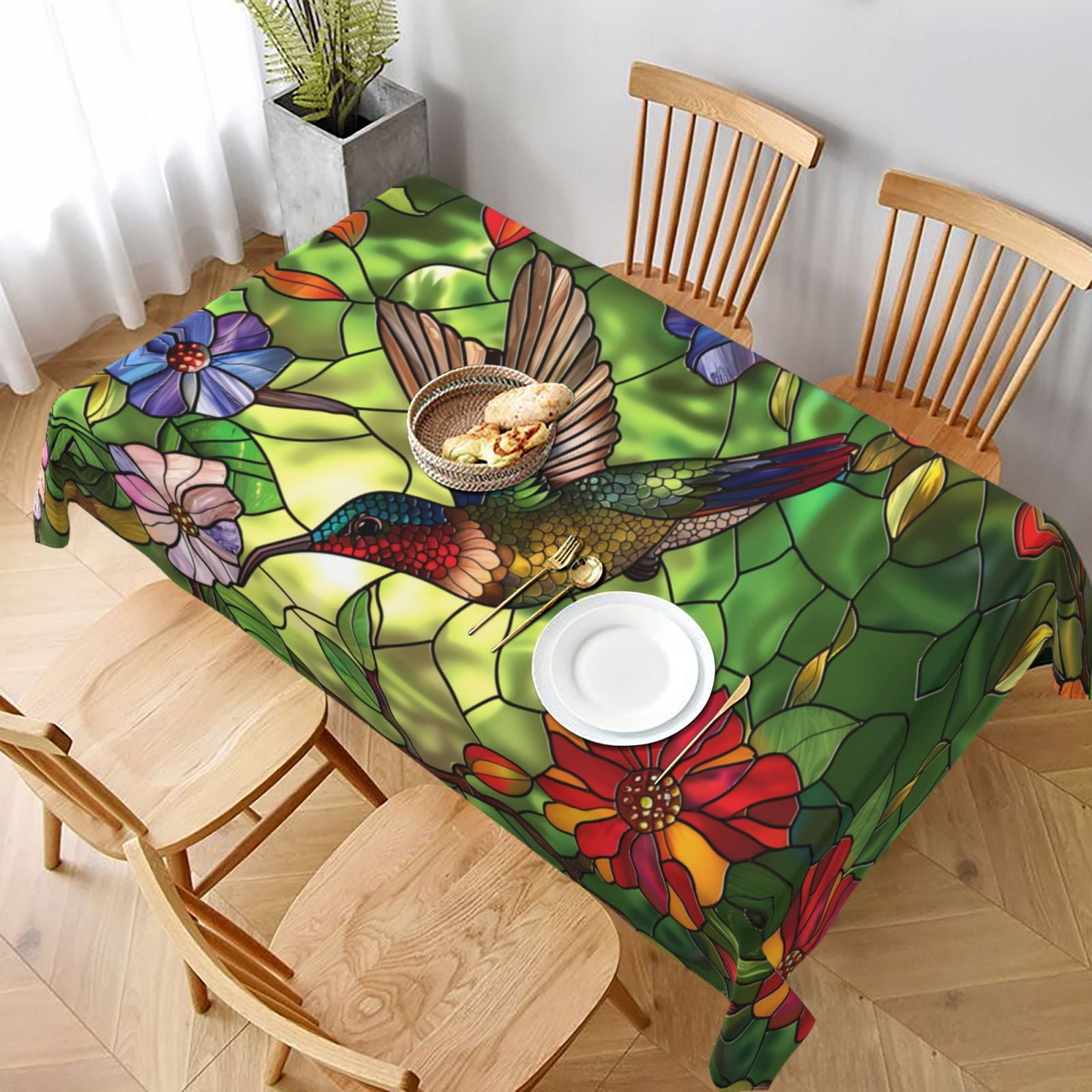 Table Cloth Rectangle Table, Stained Glass Hummingbird Art Tablecloth ...