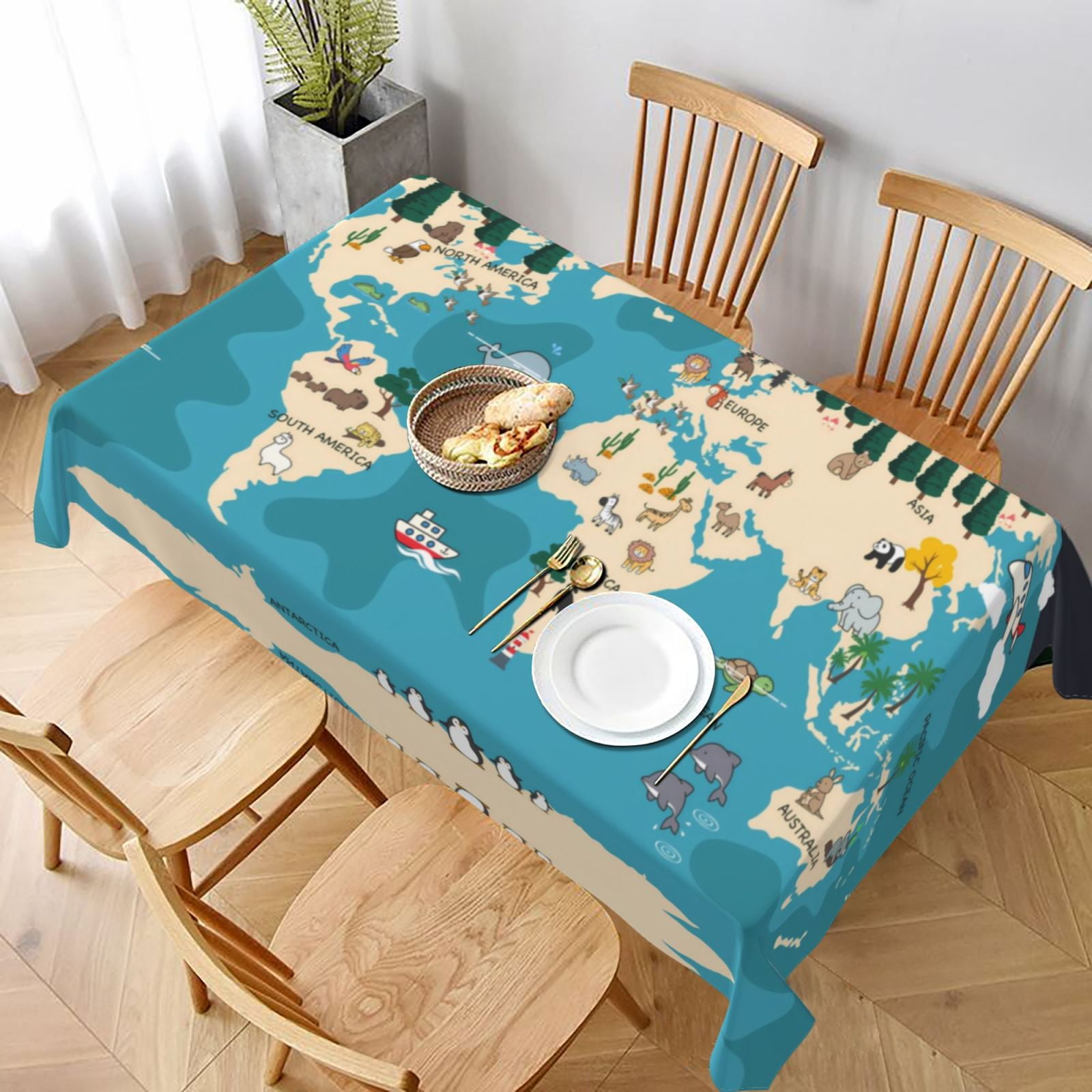 Table Cloth Rectangle Table, World Map With Animal Tablecloth 60 x 90 ...