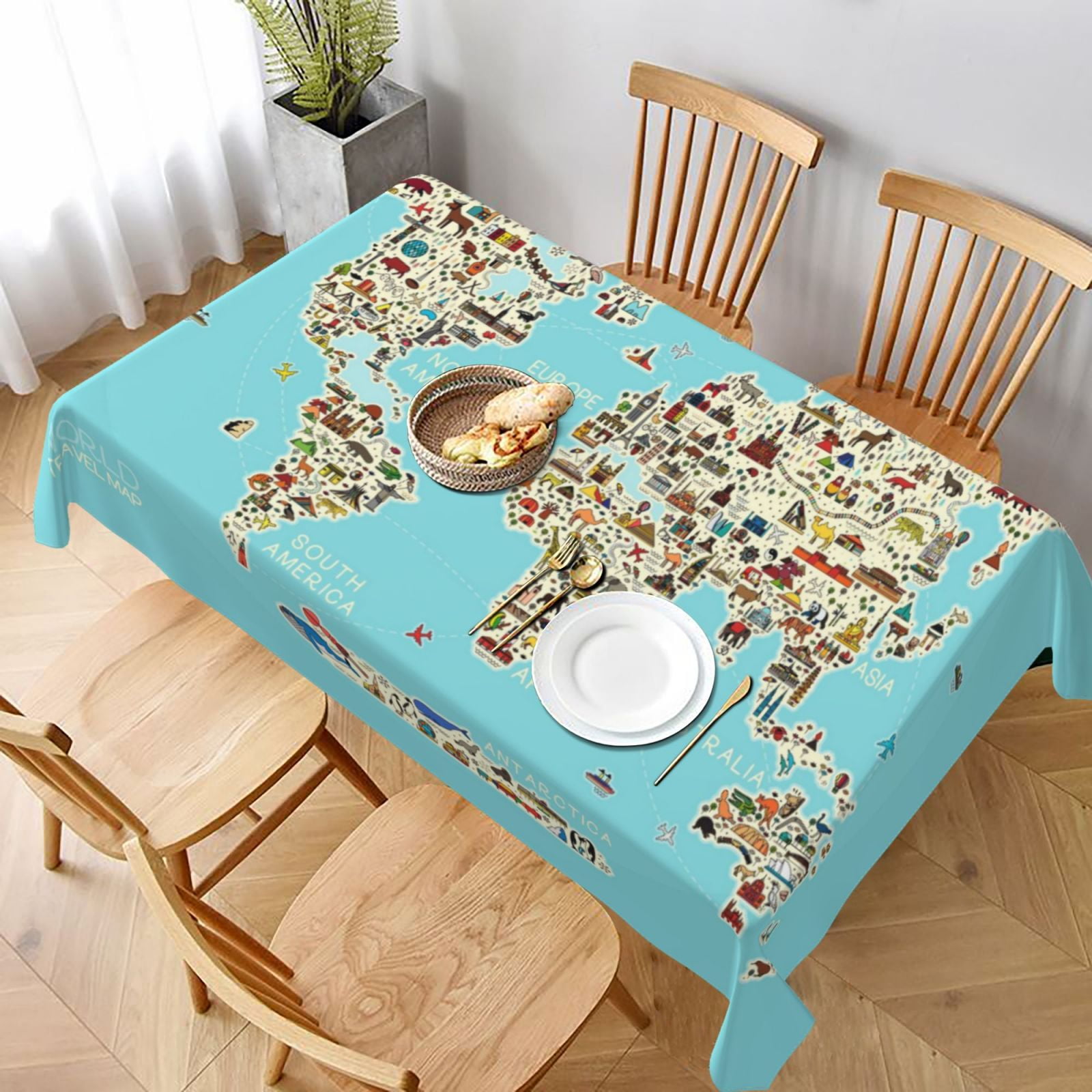 Table Cloth Rectangle Table, World Travel Line Icons Map Tablecloth 60 ...