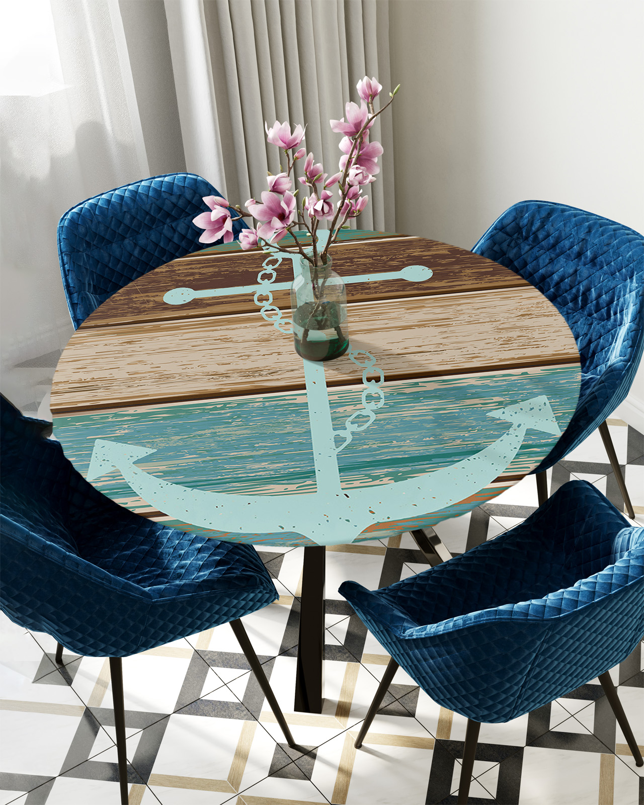 Table Cover Wood Texture Marine Anchor Round Rectangular Waterproof ...