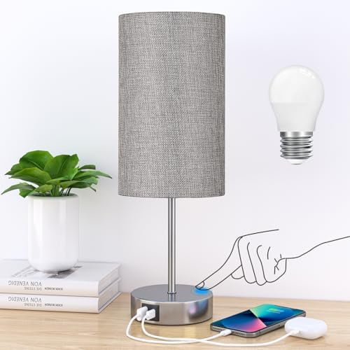 Table Lamp for Bedroom, 3 Way Dimmable Touch Lamp with Dual Charging ...