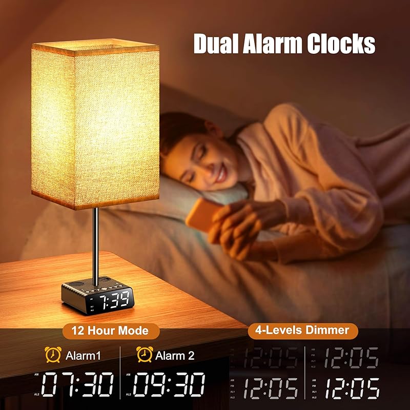 Table Lamp Bedside Lamp with 4 USB Ports and AC Power Outlets, Alarm ...