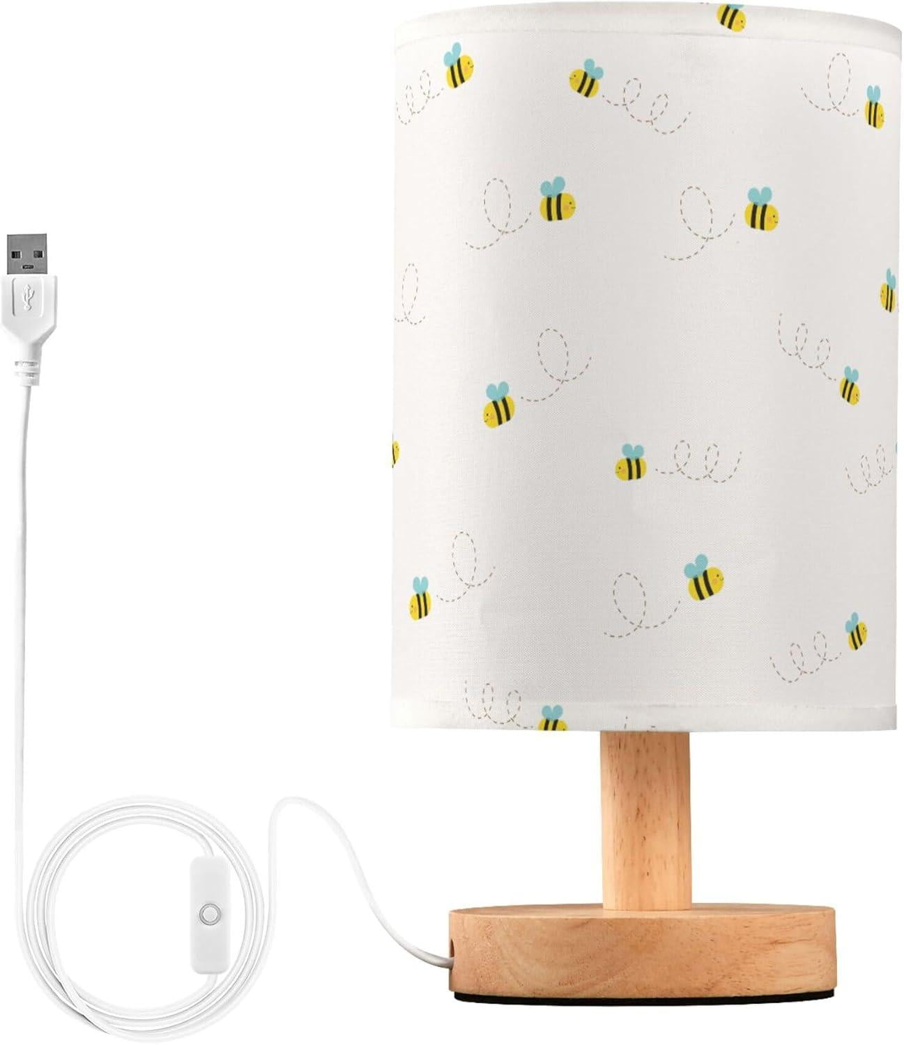 Table Lamp Cute Flying Bee Pattern on White Nightstand Lamp with Wood ...