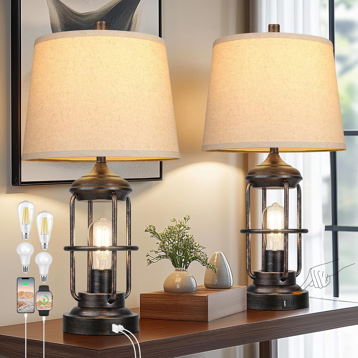 Table Lamp for Living Room - Retro Bedside Lamps Set of 2 with USB C+A ...
