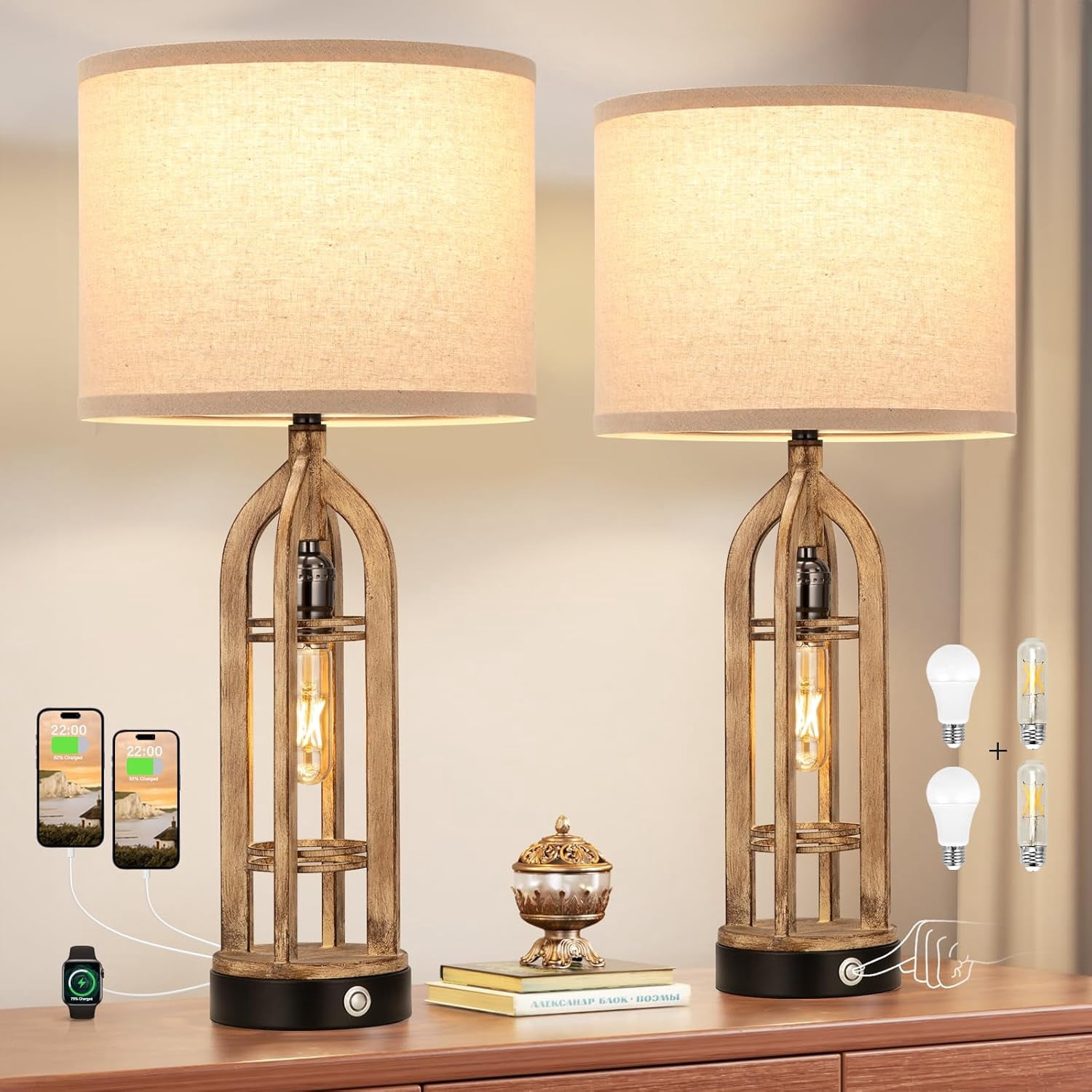 Table Lamp for Living Room Set of 2 - Bedside Lamp for Bedroom with C+A ...