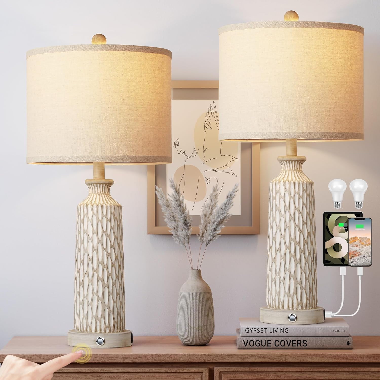 Table Lamp for Living Room with USB A+C Ports, Farmhouse Bedside Lamps ...