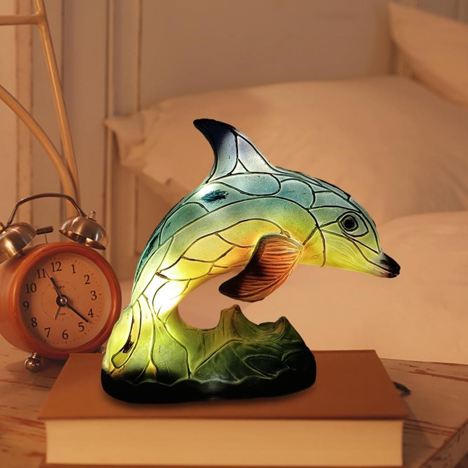 Table Lamp Retro USB Plug in Decorative Resin Dolphin Shape Desk LED ...