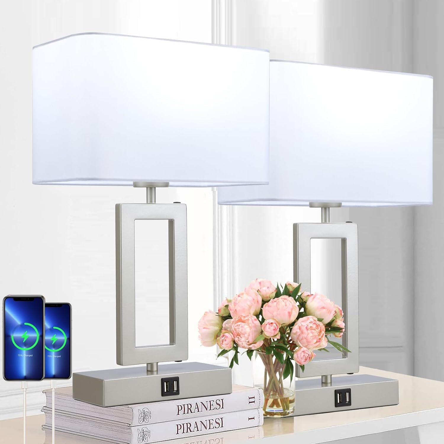 Table Lamp Set of 2 Lamps for Bedroom, Touch Control Table Lamps with 2 ...