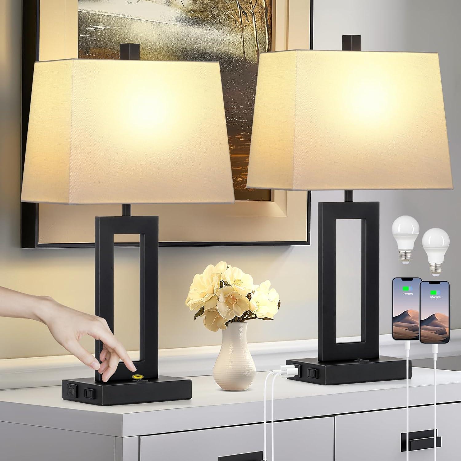 Table Lamp Set of 2 with USB C+A Ports & AC Outlet, Bedside Lamps ...