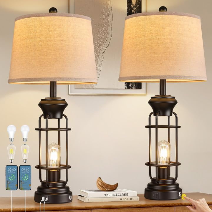 Table Lamp Set of 2 with USB Ports, 29.3" Tall Farmhouse Table Lamp ...