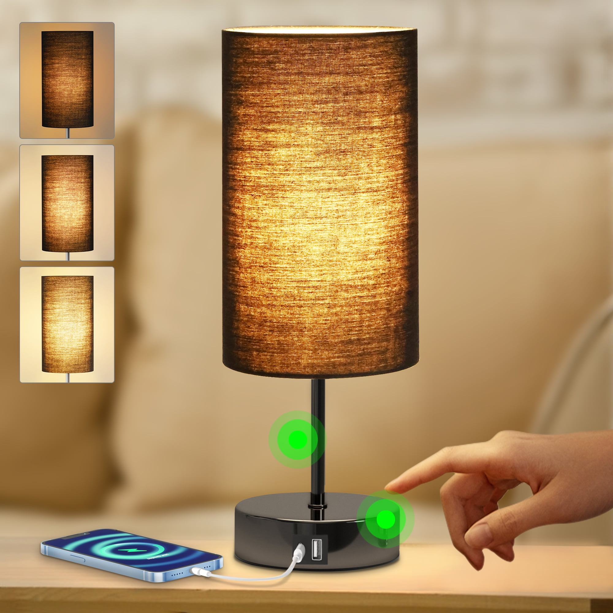 3-Way Dimmable Touch Table Lamp with USB Ports, Outlet for Bedroom ...
