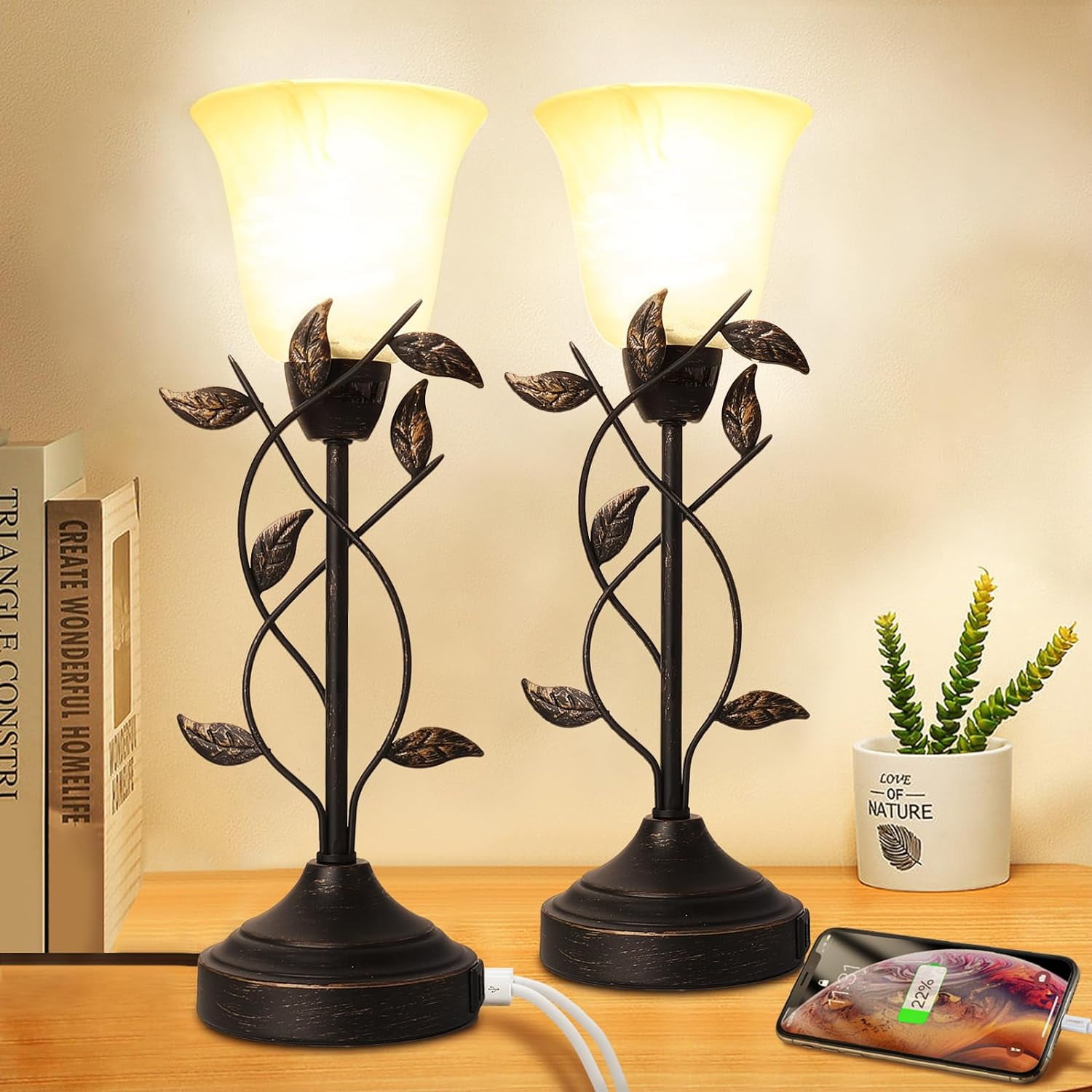 Touch Control Bedside Lamps with USB Ports, Retro Leaf Body, 3 Way ...