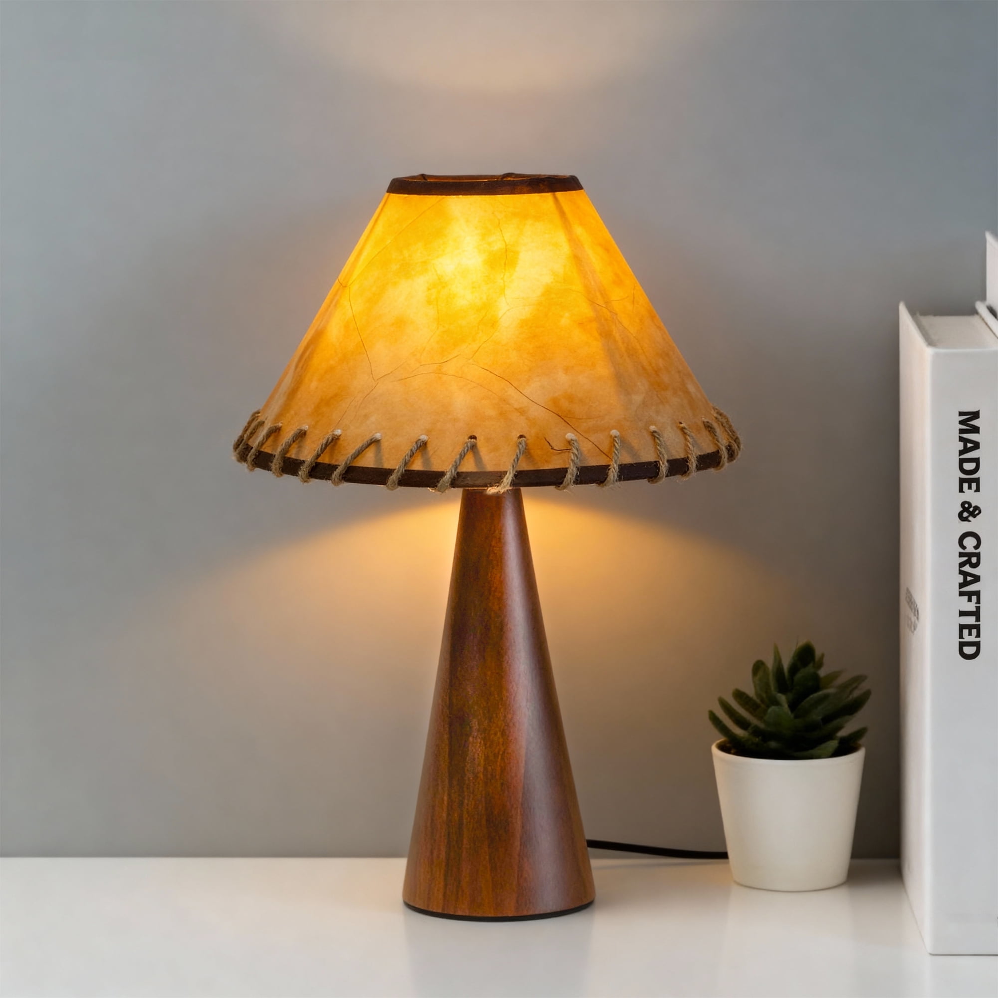 Table Lamp with Wooden Base Parchment Paper Lampshade,Desk Bedside ...