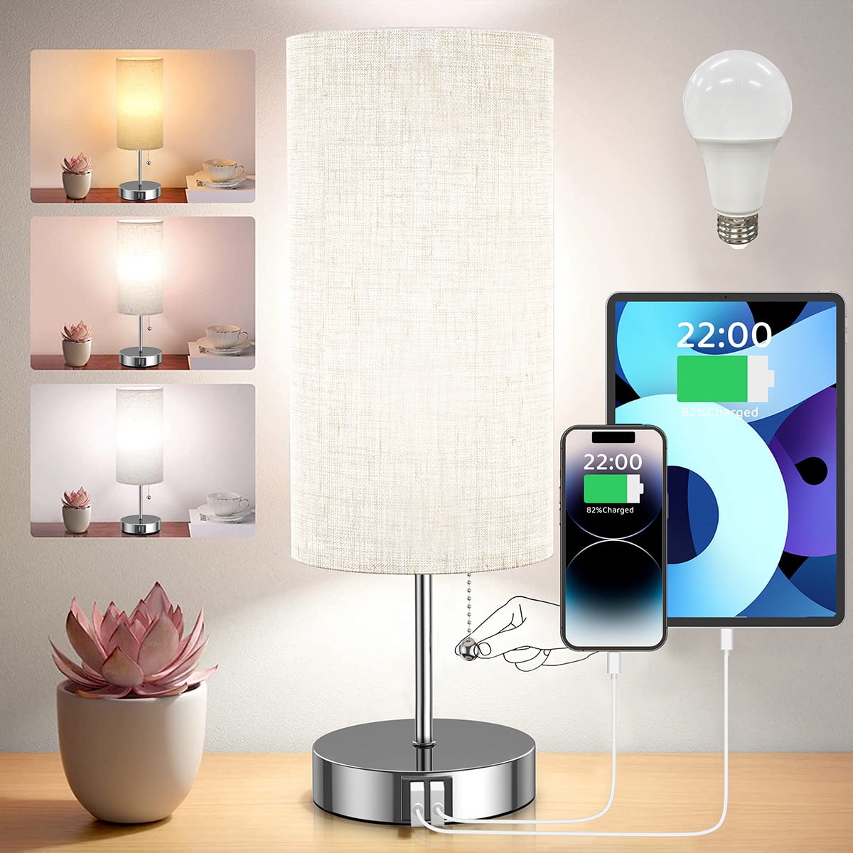 2023 USB-C/USB-A Table Lamp with Silver Base Linen Shade for Home ...
