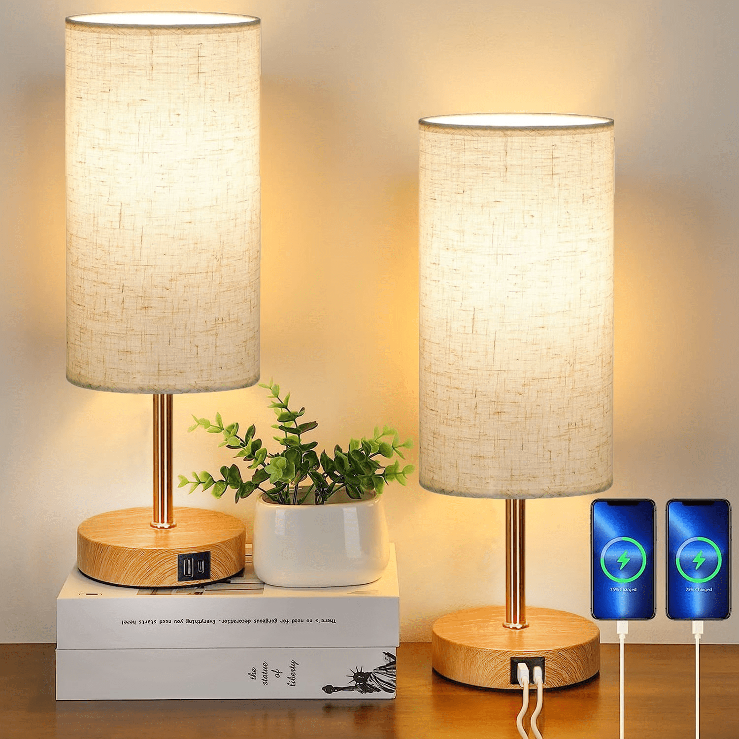 2-Piece Set Touch Table Lamp with USB Charging Station, 3 Way Dimmable ...
