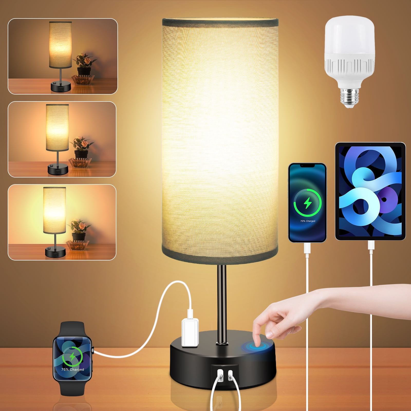 3 Way Dimmable Touch Control Table Lamp with USB Ports, Nightstand ...