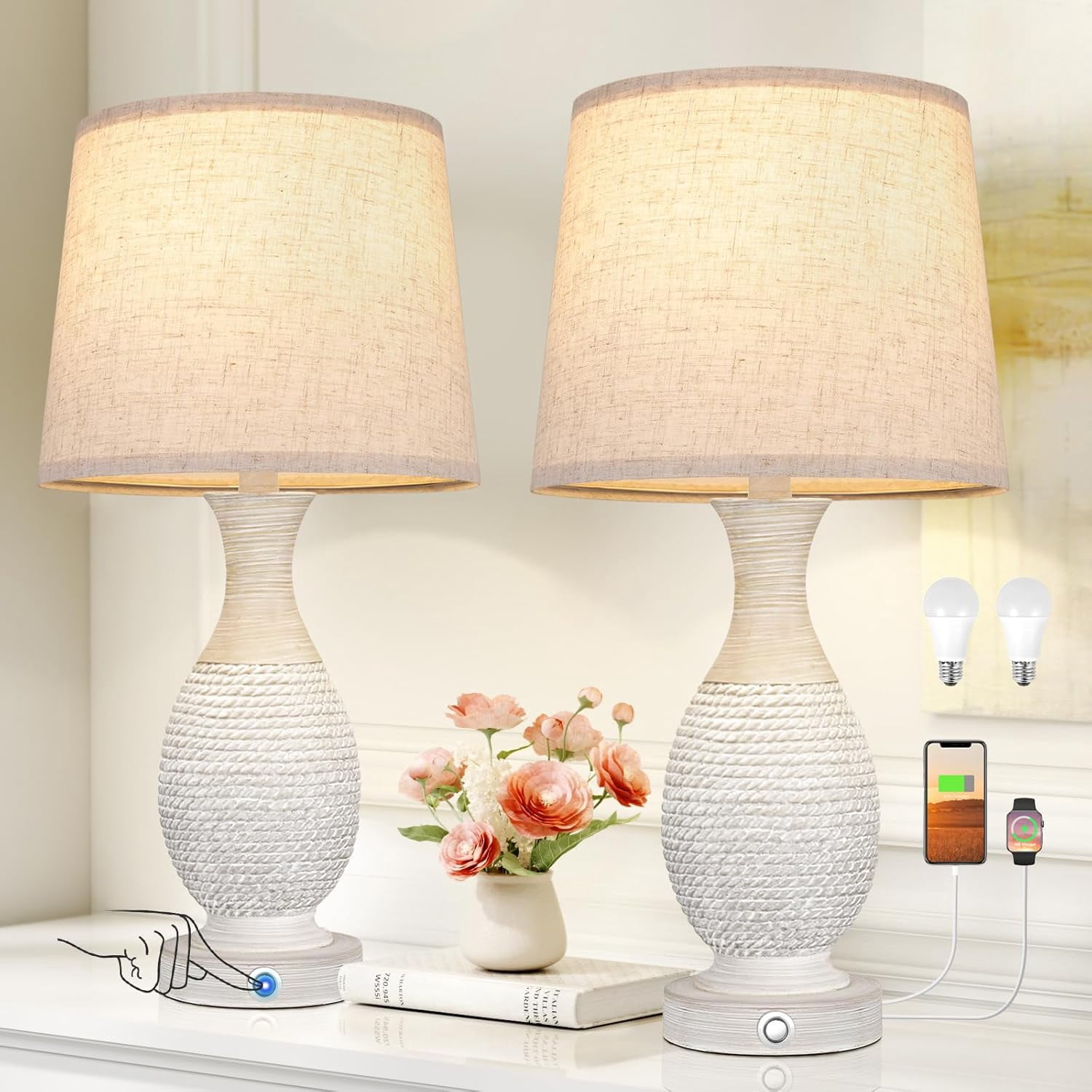 Table Lamps for Bedroom - Bedside Lamps Set of 2 with USB C+A, 3-Way ...