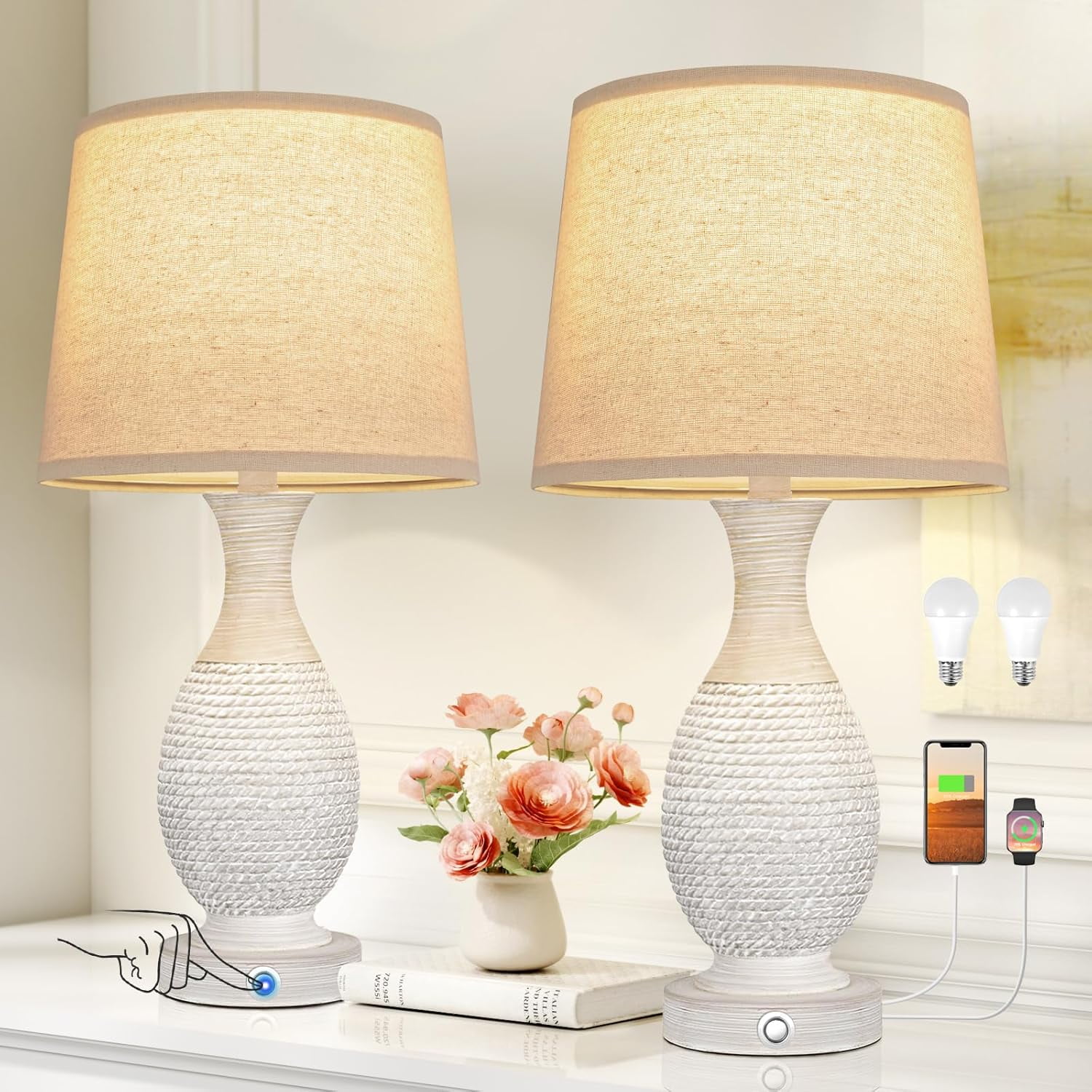 Table Lamps for Bedroom - Bedside Lamps Set of 2 with USB C+A, 3-Way ...