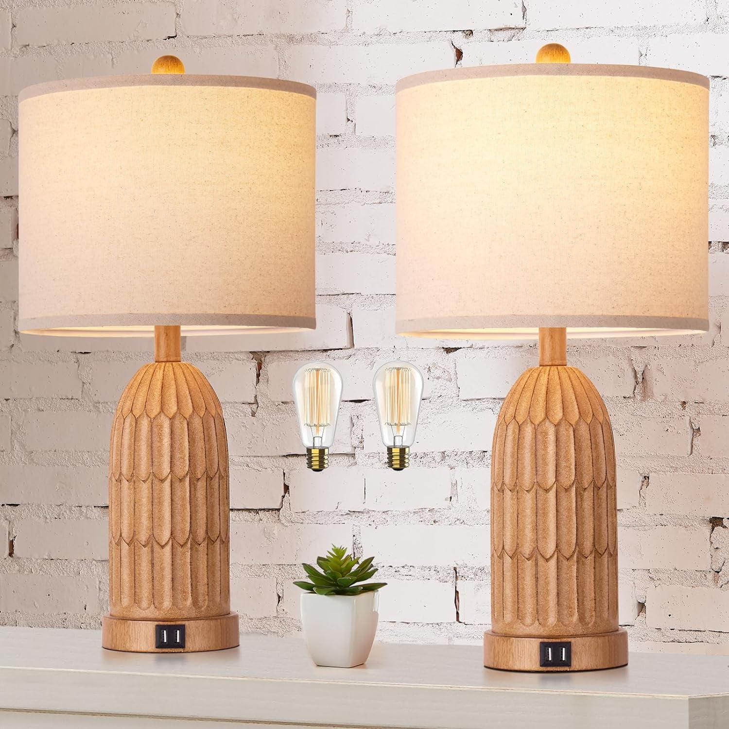 Table Lamps for Bedroom Set of 2, Farmhouse 3-Way Dimmable Touch Lamp ...