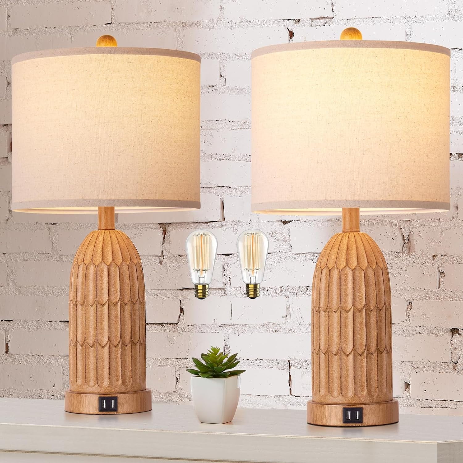 Table Lamps for Bedroom Set of 2, Farmhouse 3-Way Dimmable Touch Lamp ...
