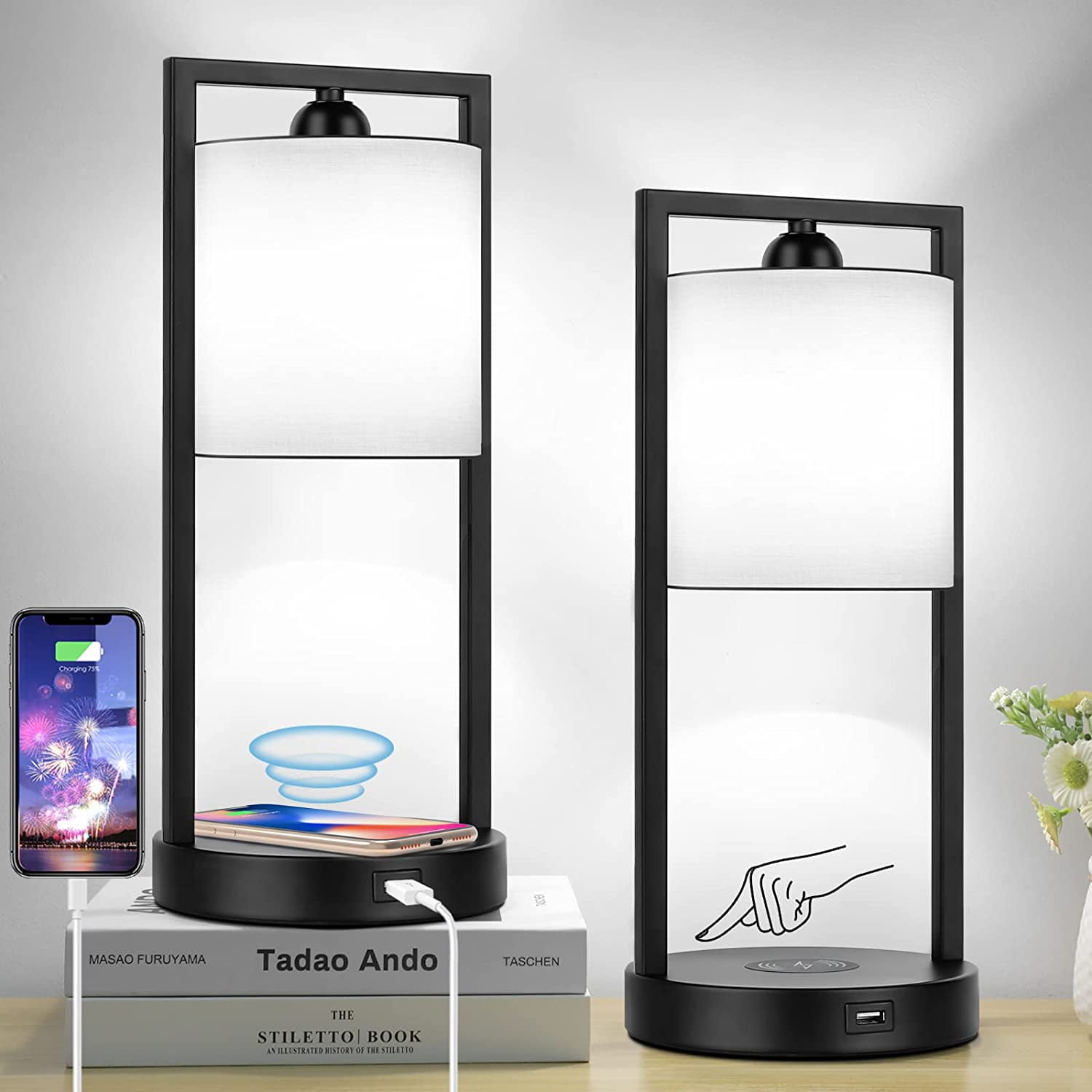 Table Lamps for Bedrooms Set of 2, Modern White Bedside Nightstand Lamps Touch Control 3-Way ...