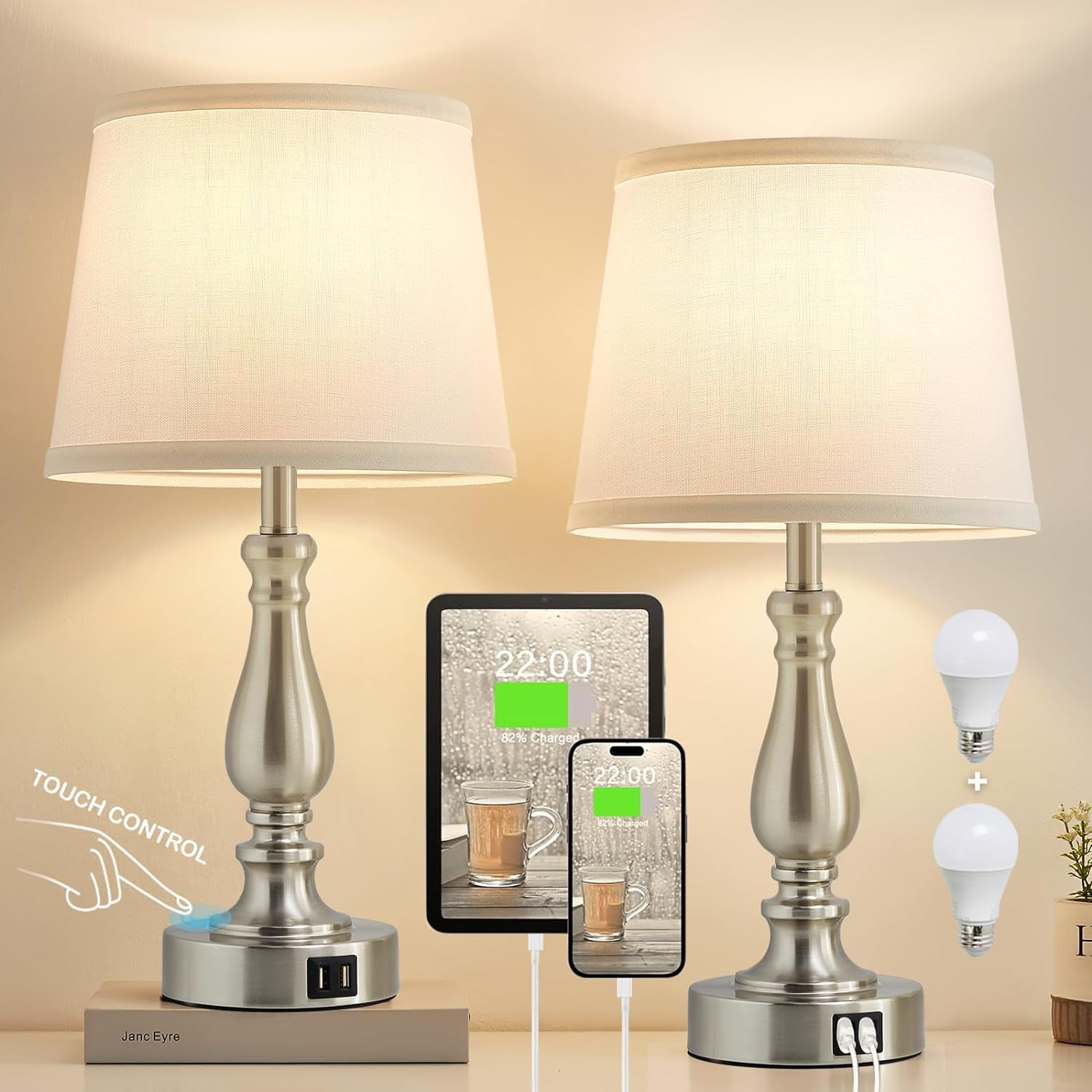 Table Lamps for Bedrooms Set of 2 - Touch Bedside Lamps with USB C+A ...
