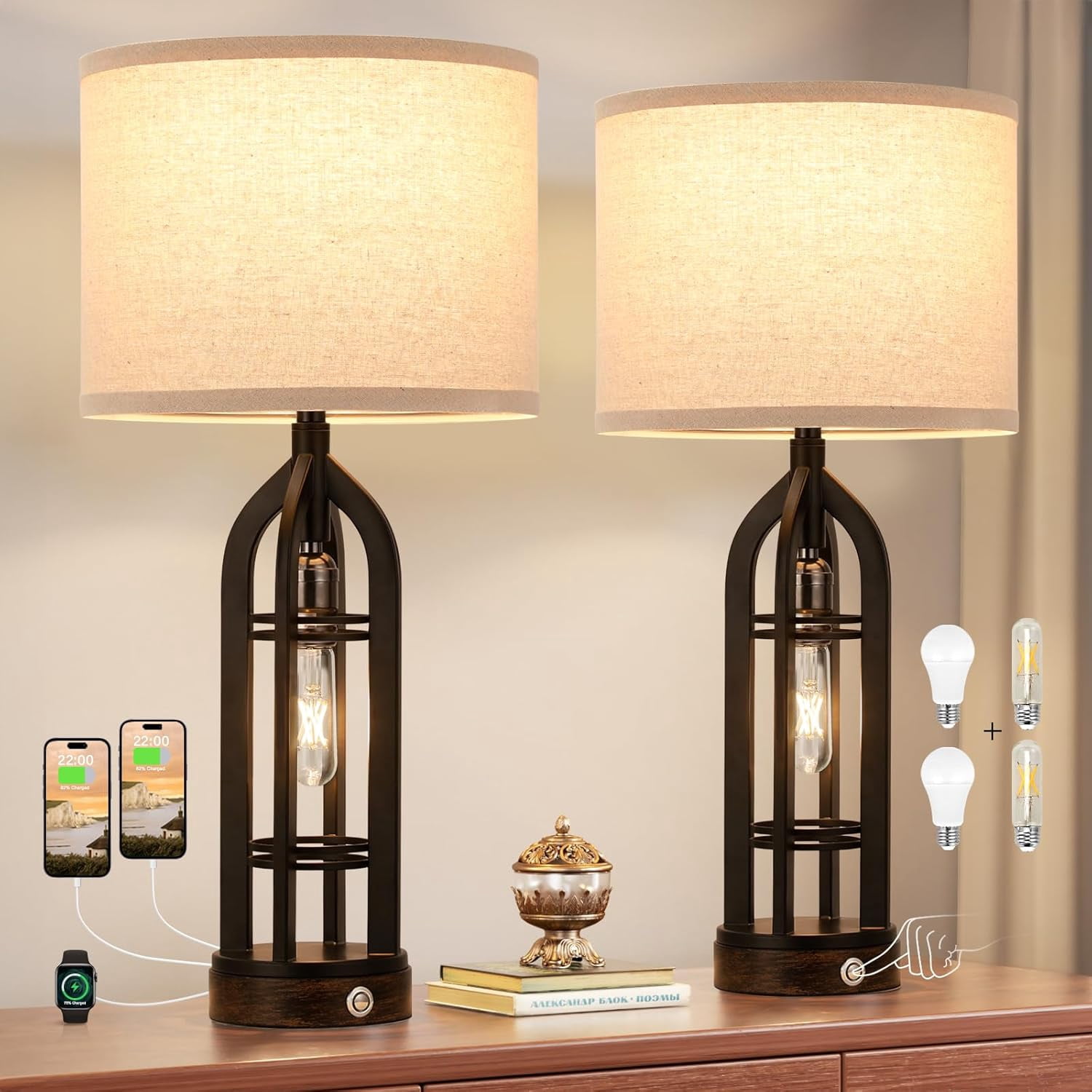 Table Lamps for Living Room Set of 2 - Bedside Lamp for Bedroom with ...