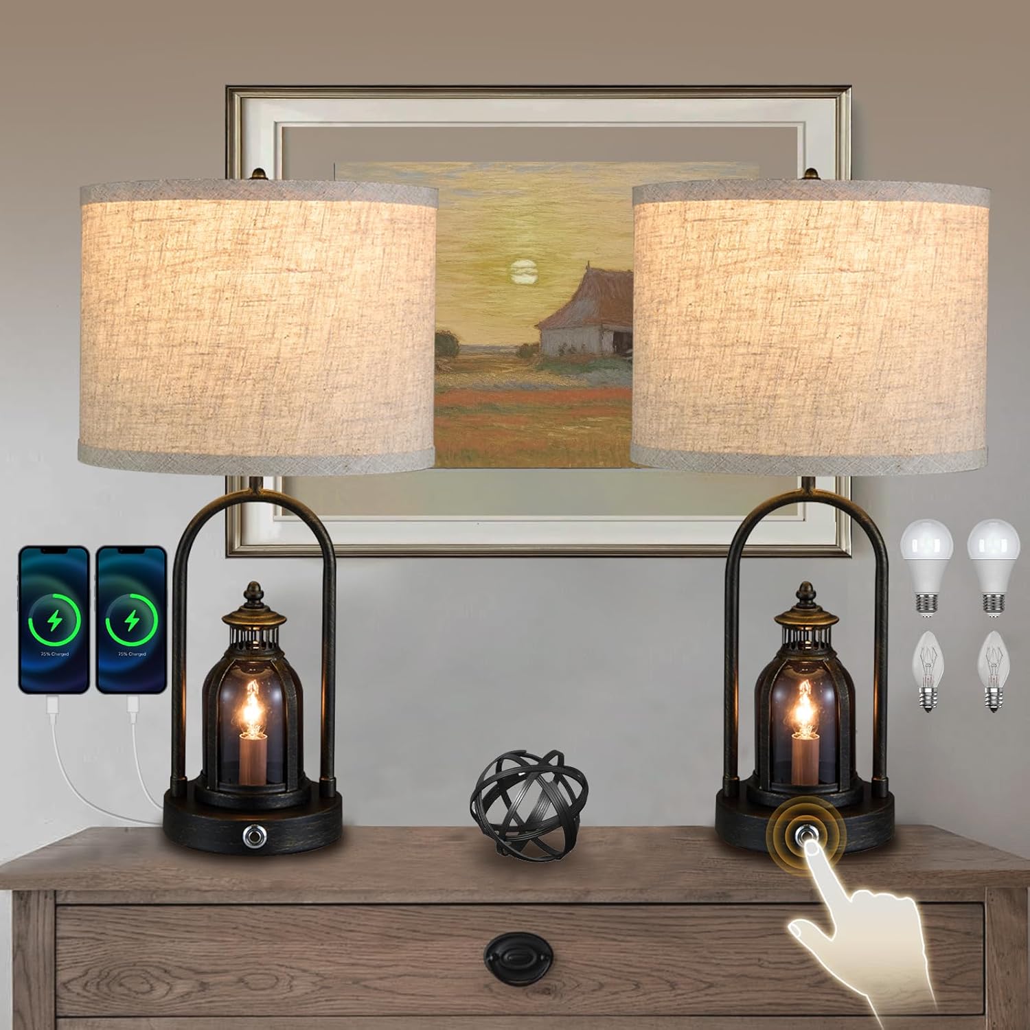 Table Lamps for Living Room, Set of 2 Farmhouse Bedside Lamps for ...