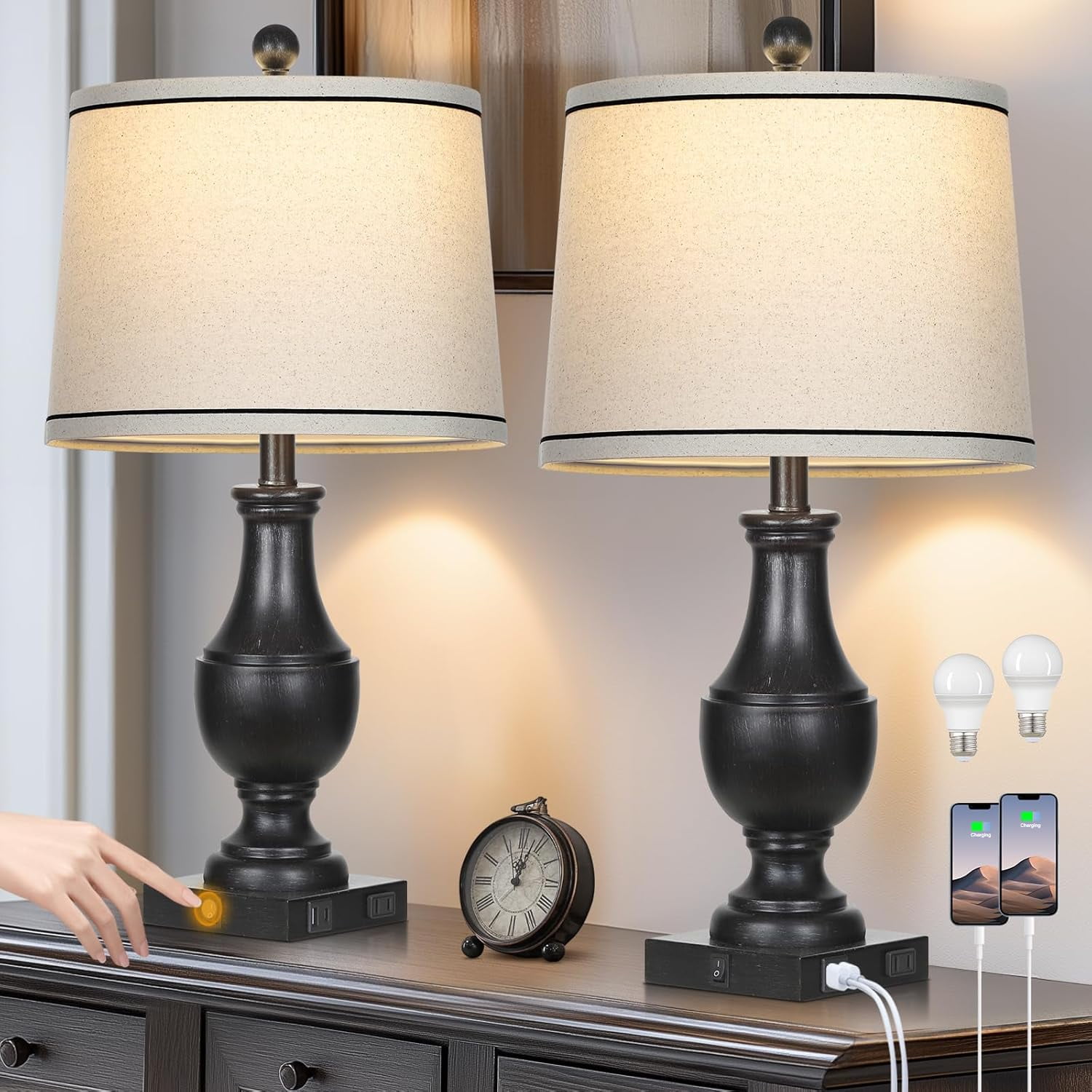 Table Lamps for Living Room Set of 2, Farmhouse Vintage Table Lamp with ...