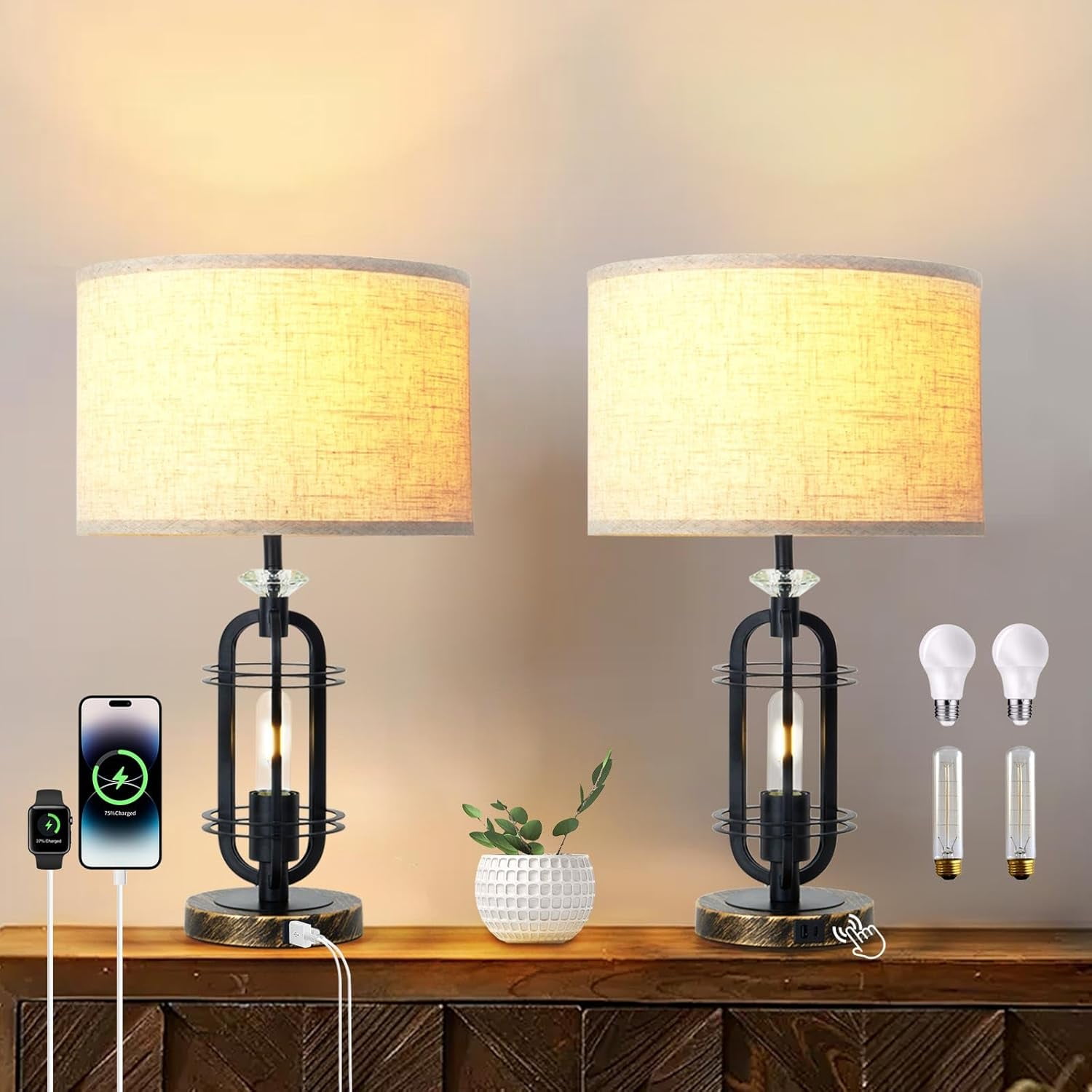 Table Lamps Set of 2, 25.2 inch 3-Way Dimmable Farmhouse Tall Table ...