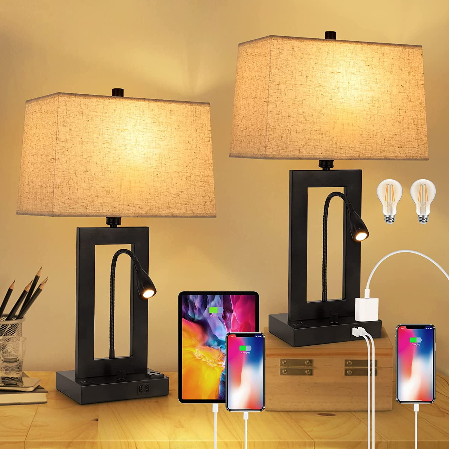 Table Lamps Set of 2, Dimmable Table Lamps with USB Charging Ports and ...