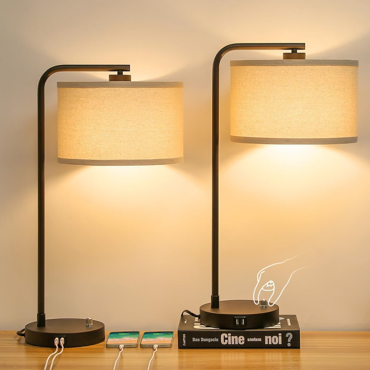 Table Lamps Set of 2, Fully Dimmable Bedside Lamp with Dual USB ...