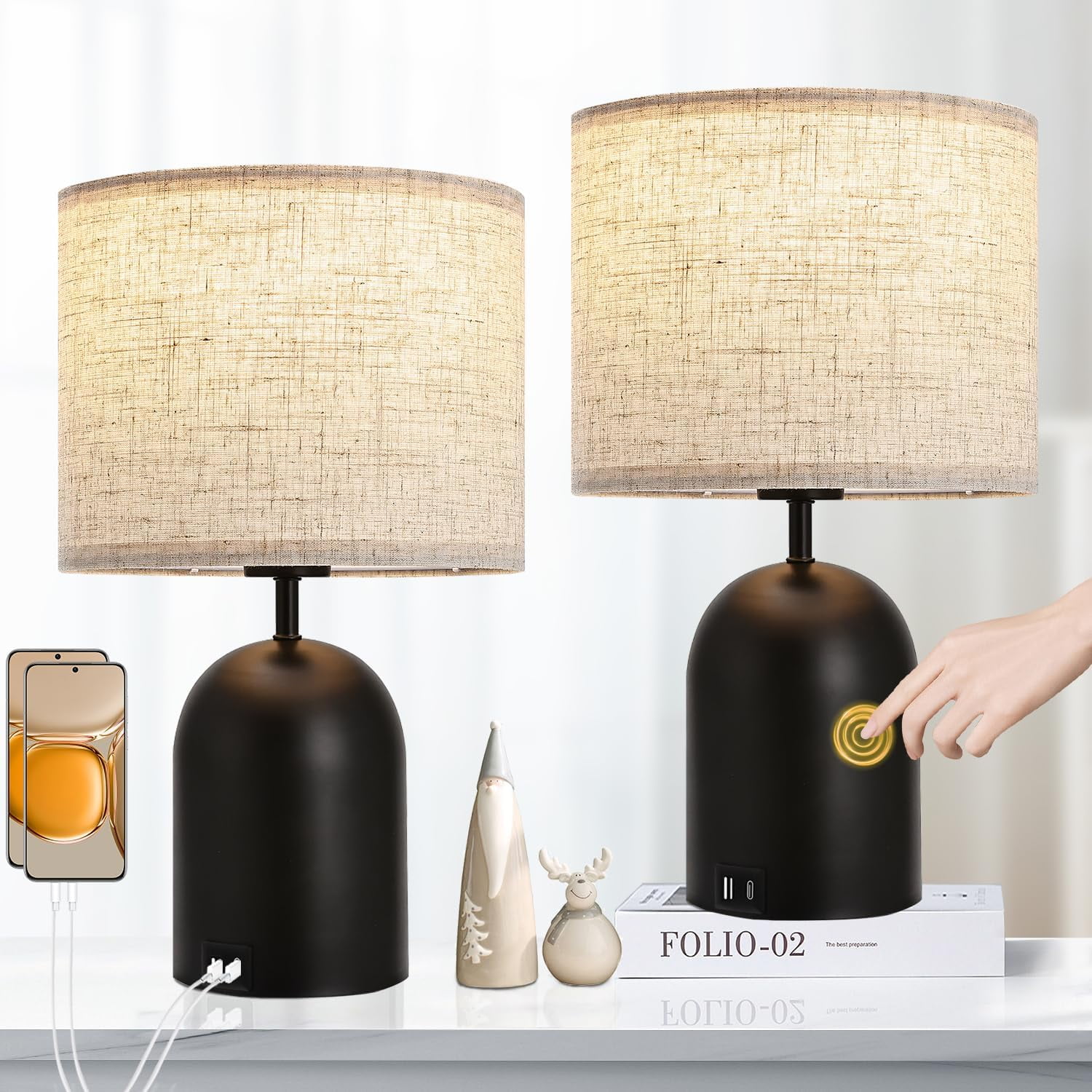 Table Lamps Set of 2 Touch Control Black&Cream Table Lamps 3-Way ...