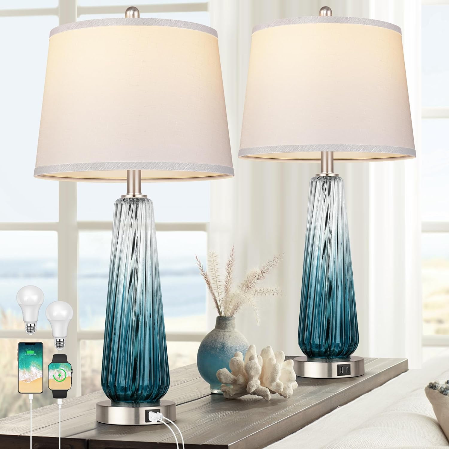 Table Lamps Set of 2 with Touch Control, Modern Glass Bedside Lamps ...