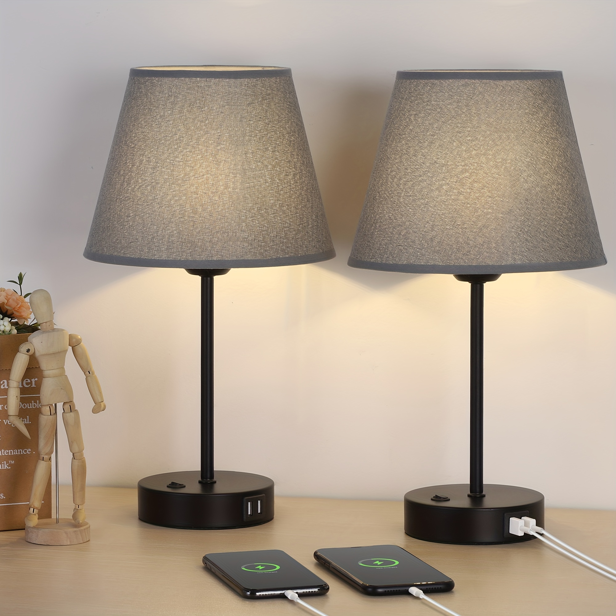 Table Lamps Set Of 2 With Dual USB Charging Ports, Modern Bedside Lamps ...