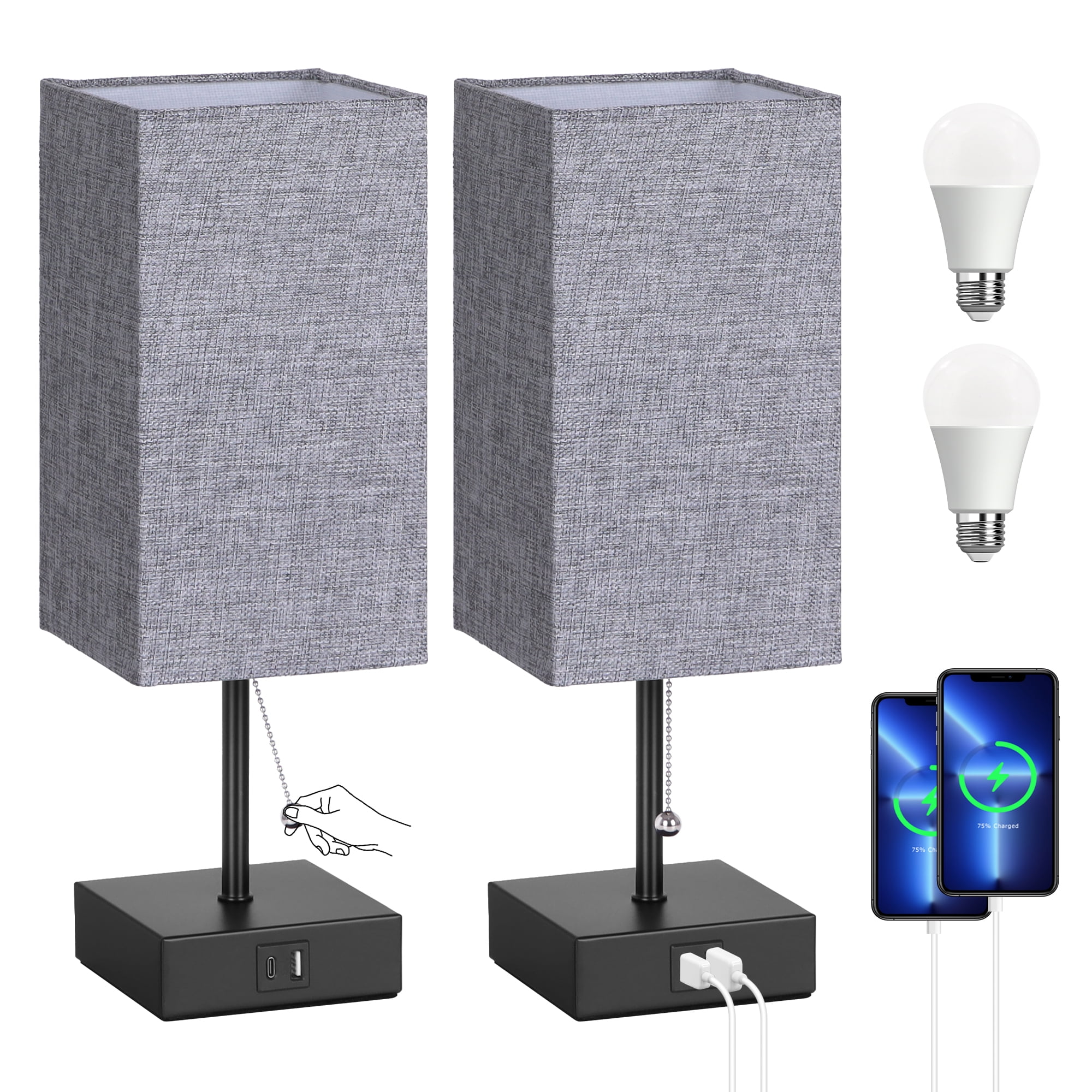 Table Lamps Set of 2 AVV 2700K Bedside Lamp with USB-A/Type-C Charging ...