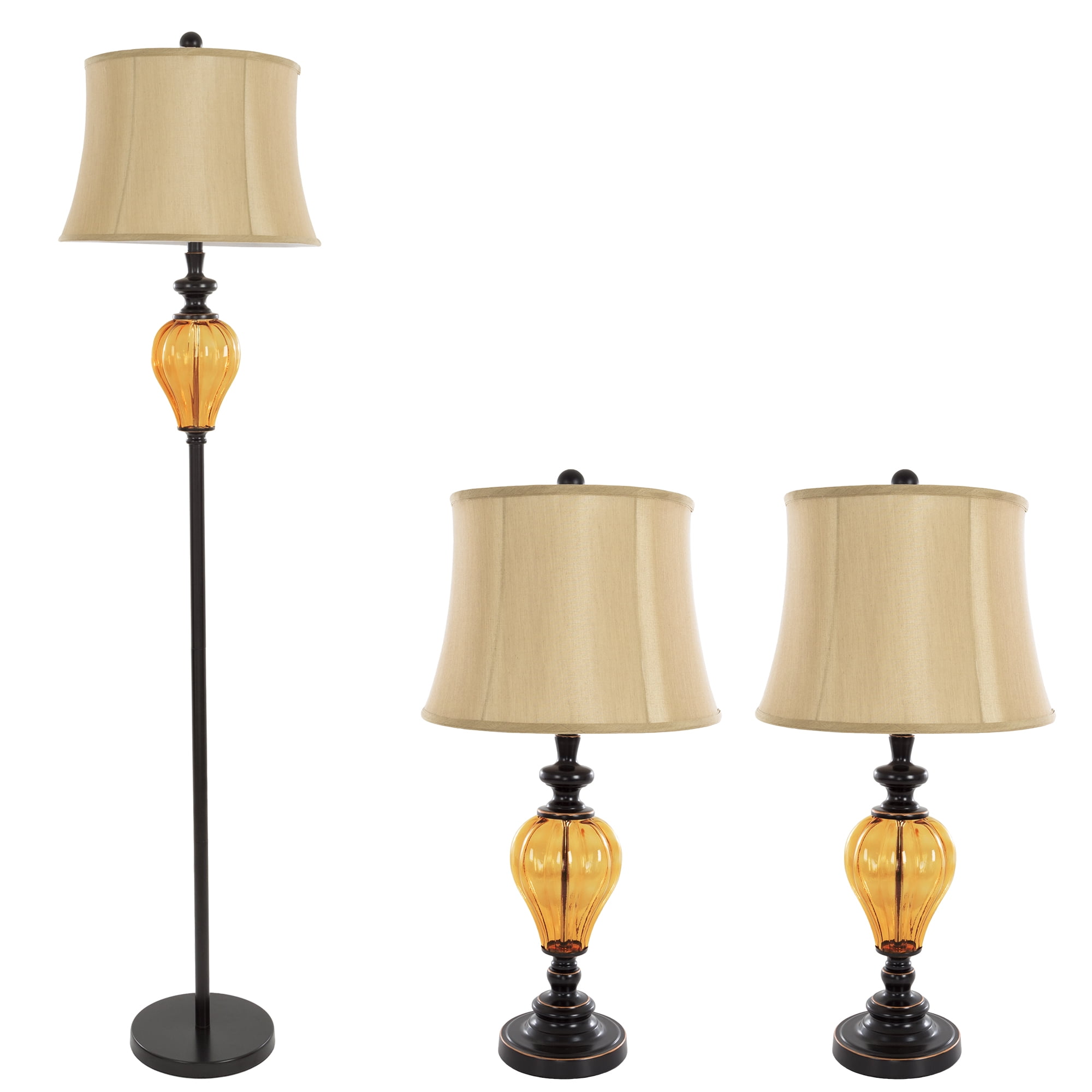 Table Lamps and Floor Lamp Set of 3, Amber Glass (3 LED Bulbs included ...