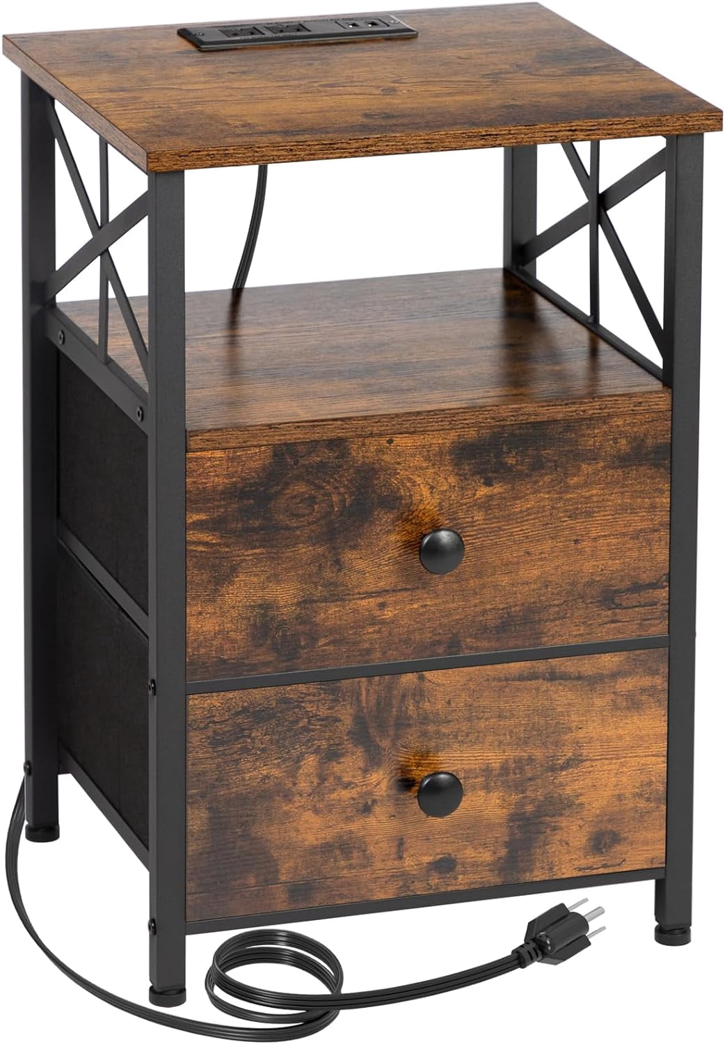 Table Living Room with Charging Station, Side Table with Fabric Drawer ...