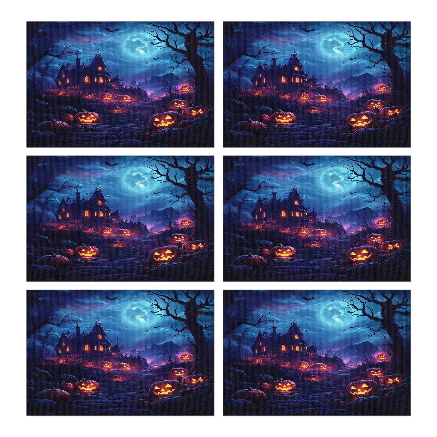 Table Mats 6 Pack Halloween Scary Orange Pumpkin Spooky Castle Table ...