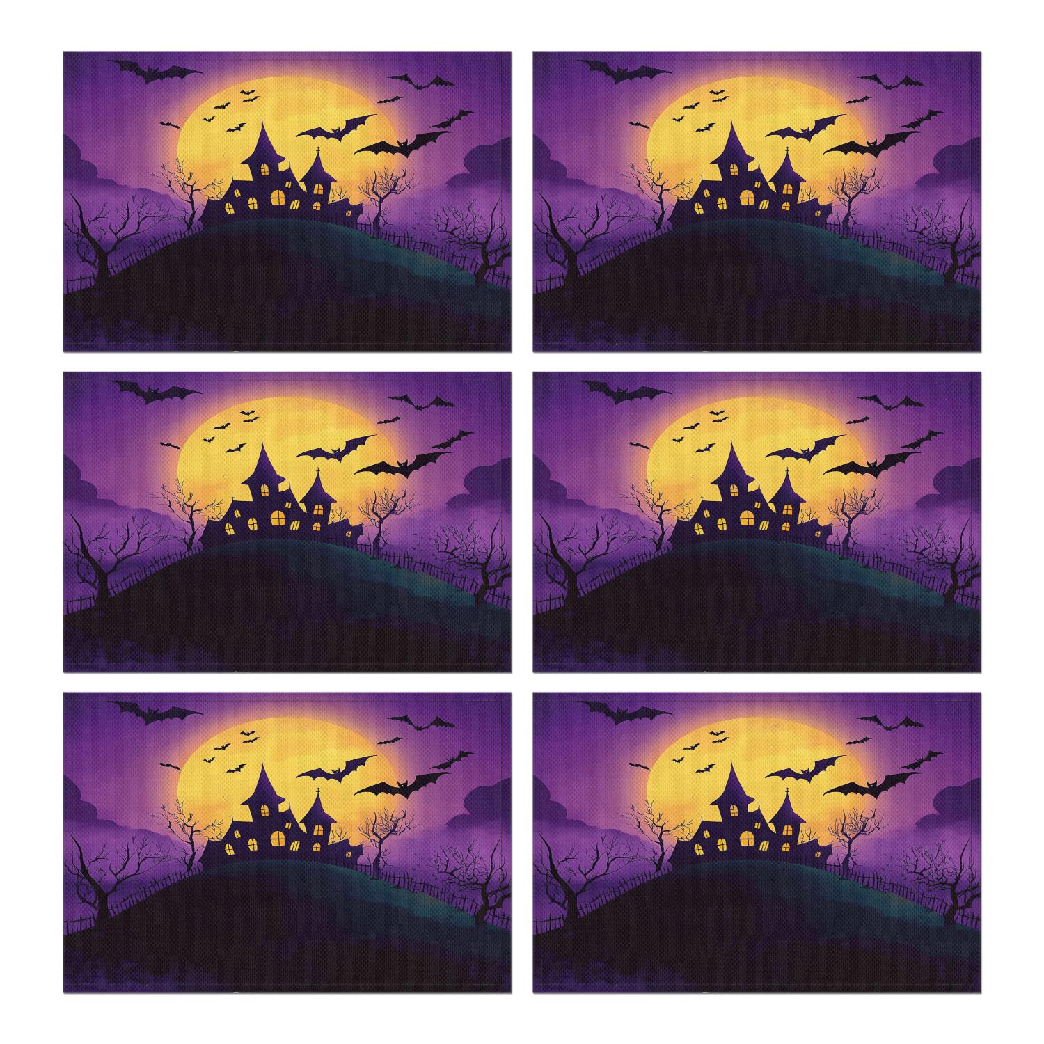 Table Mats 6 Pack Scary Night Moon Castle Bat Halloween Place Mat ...
