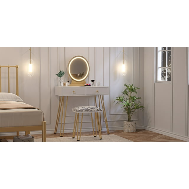 Table with Mirror Lamp,Dressing Table with 4 Drawers,3 Lighting Modes ...