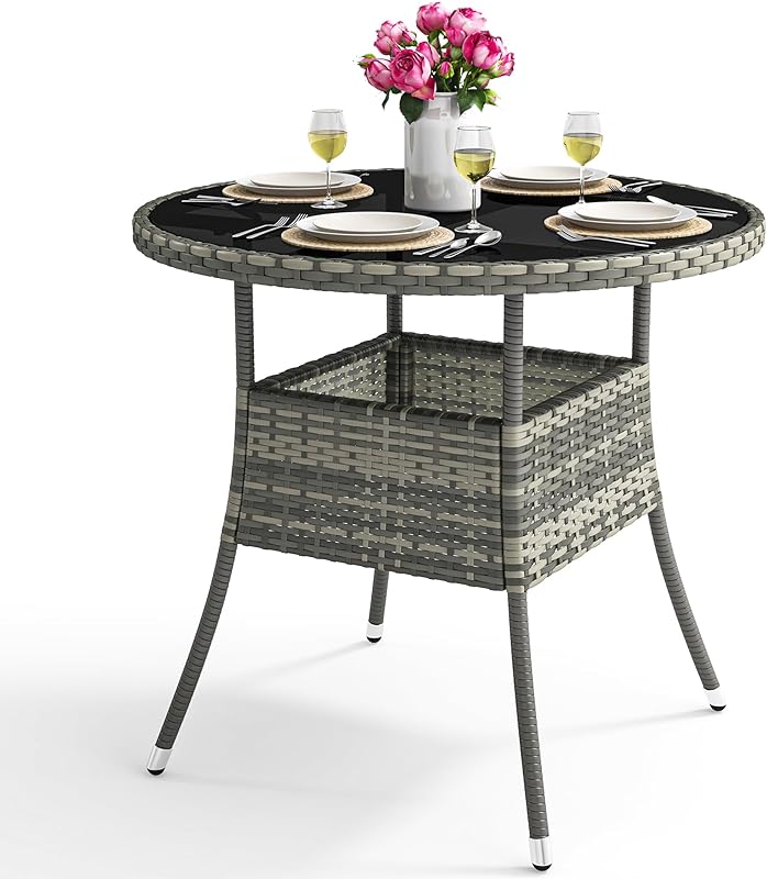 Table , Outdoor Patio Wicker Round Dining Table, All-Weather Rattan ...
