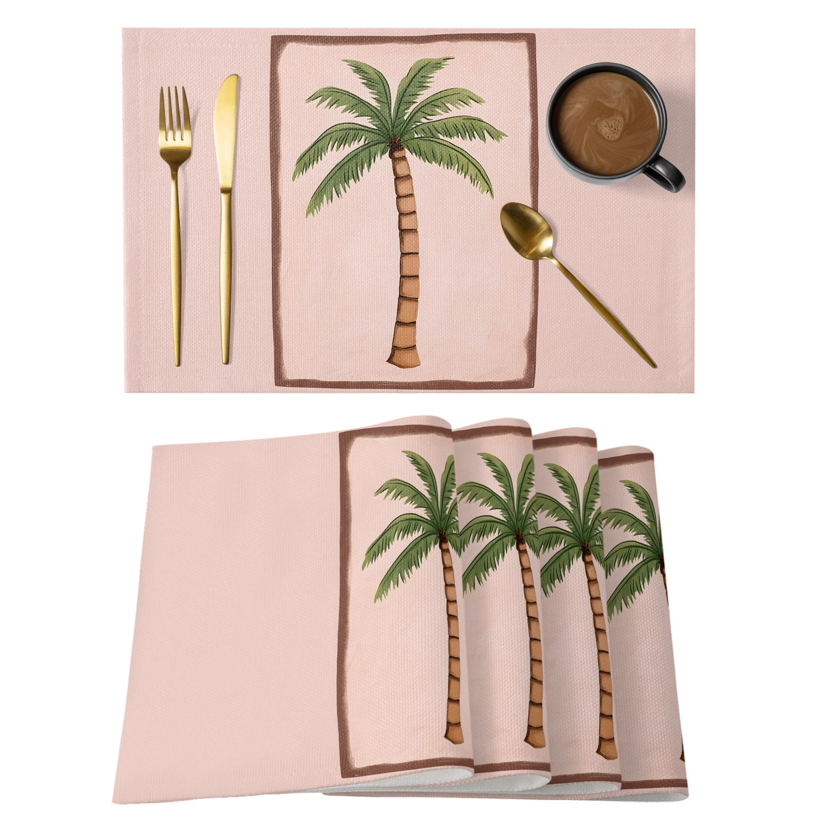 Table Placemats Set of 6,Green Palm Tree on Pink Non-Slip Kitchen ...